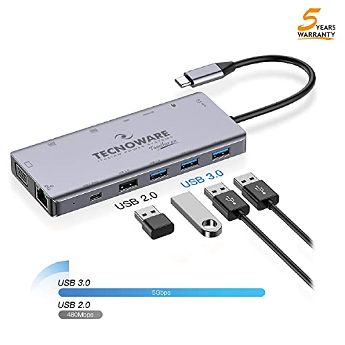 Tecnoware Hub USB Type-C, 13 in 1 Adapter, Compatible with MacBook, Notebook, iPad, Windows, Huawei ecc. 13 Ports: USB 2.0/3.0, USB Type-C, Ethernet, HDMI 4K, Card Slot SDXC, Micro SD, Jack Audio.