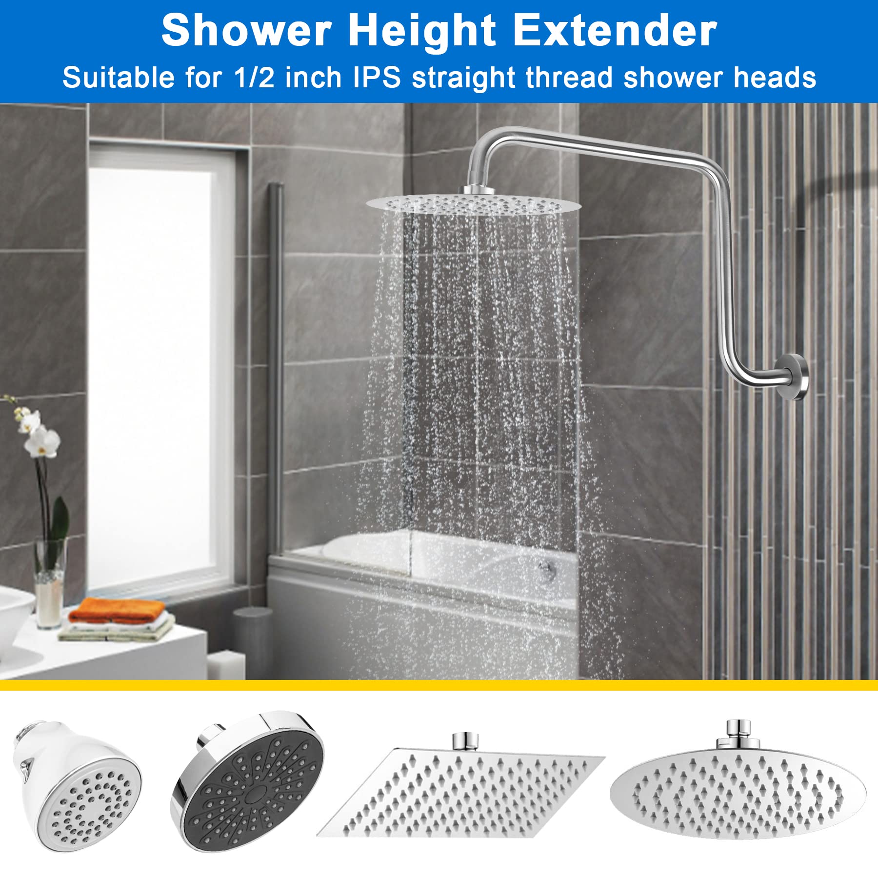 16.8 Inch S Shaped Shower Arm Height Extender Rainfall Head High Rise Shower Arm with Flange and Teflon Tape,304 Stainless Gooseneck Shower Arm Standard 1/2" Connection for Bathroom Accessory (Chrome)