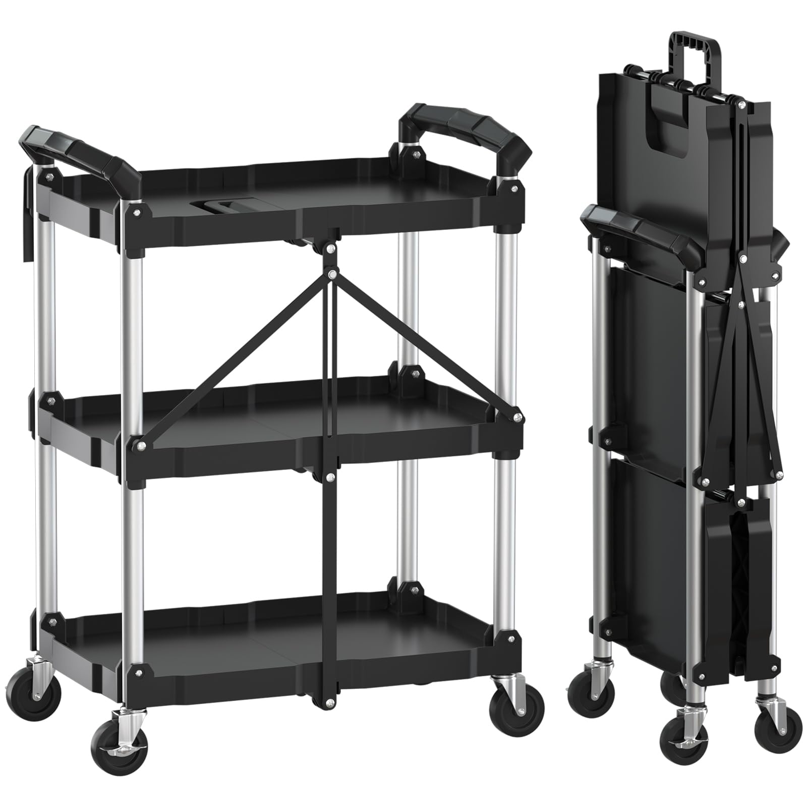 3 Tier Portable Folding Service Cart,Foldable Cart with Wheels,350BLS Folding Plastic Cart for Garage,Workshop & Industrial Use (Black)