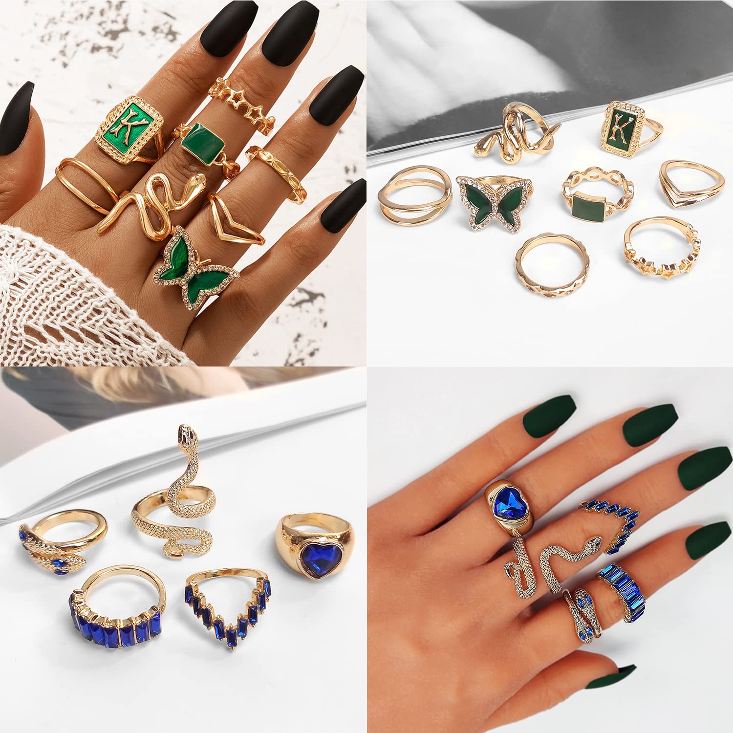 13Pcs Vintage Knuckle Rings Set for Women, Joint Stack-able Finger Rings.Bohemian Retro Jewelry Boho Snake Butterfly Heart Chunky Stacking Pack. Crystal Gold and Silver with Storage Case, Gold,Silver