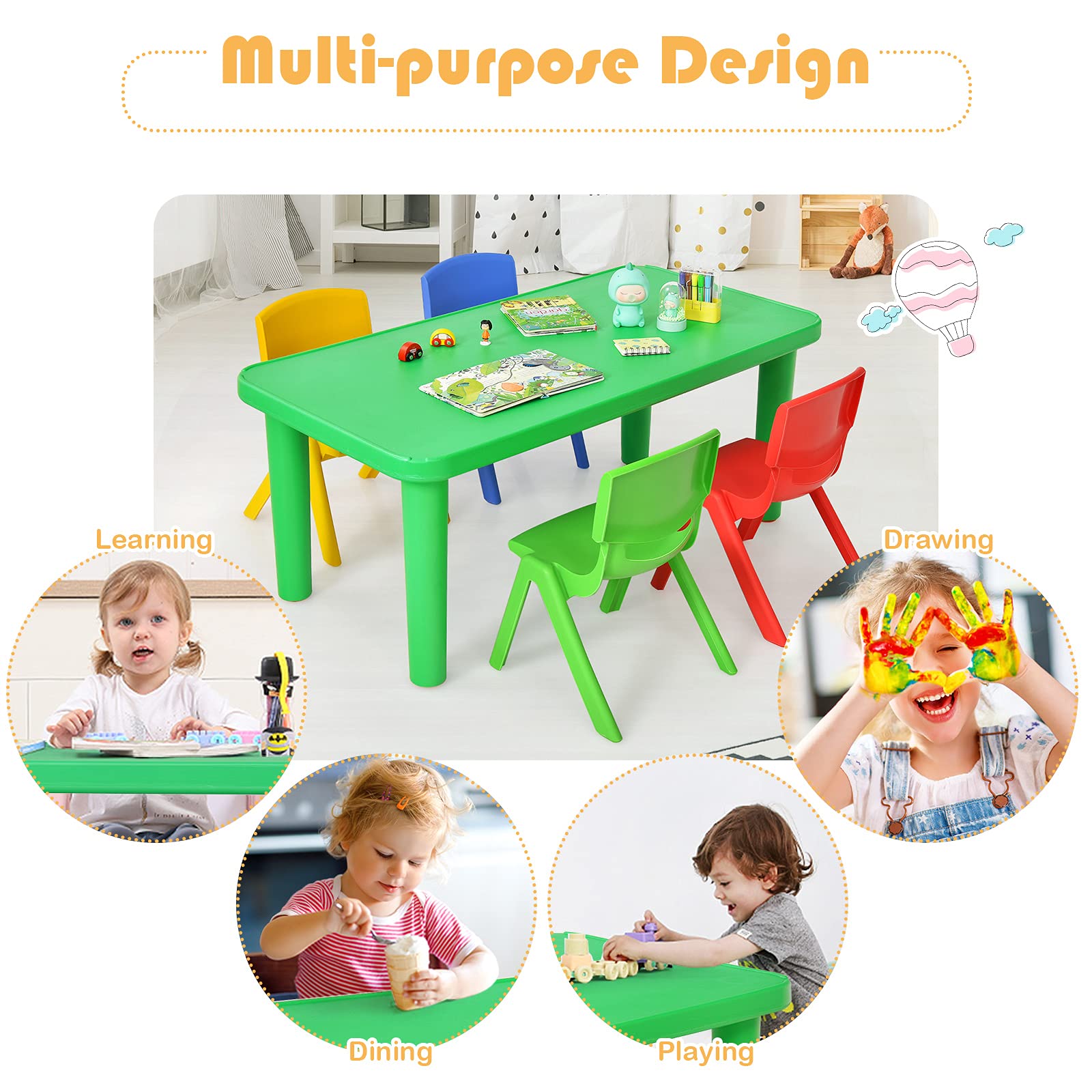 HONEY JOY Kids Table and 4 Chair Set, 48 x 24 Inch Children Rectangular Study Table w/Stackable Seats, 4 Pcs Plastic Activity Toddler Furniture Set for Playroom Daycare, Gift for Boys Girls (Colorful)