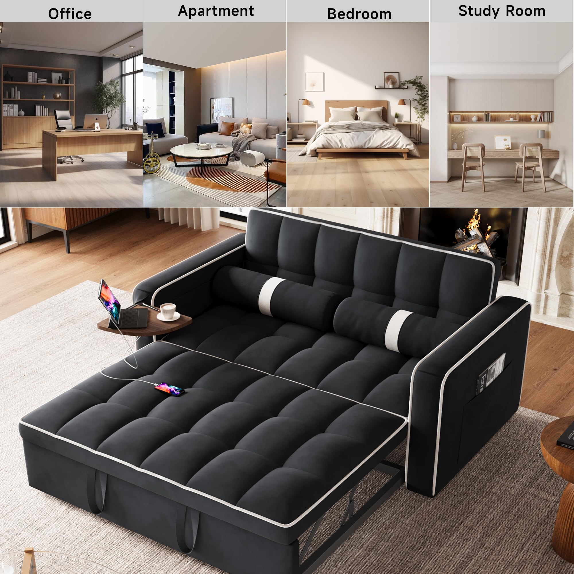 3 in 1 Sleeper Sofa Bed - Convertible Love Seat Couch with Side Table, Tufted Futon Sofa w/Pullout Bed, Adjustable Backrest, Cylinder Pillows, Small Sofa Daybed for Living Room, Apartment (Black)
