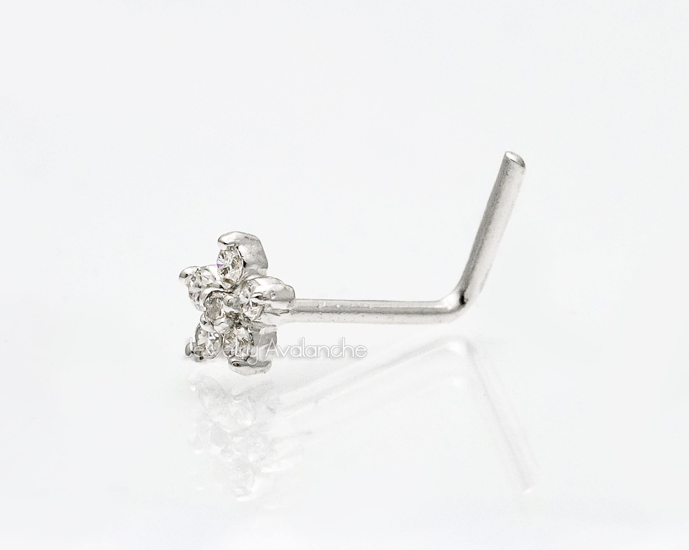 20G 14K White Gold Diamond L-shape Nose Stud - Flower Setting nose Ring - April Birthstone - FLWD-LSWG