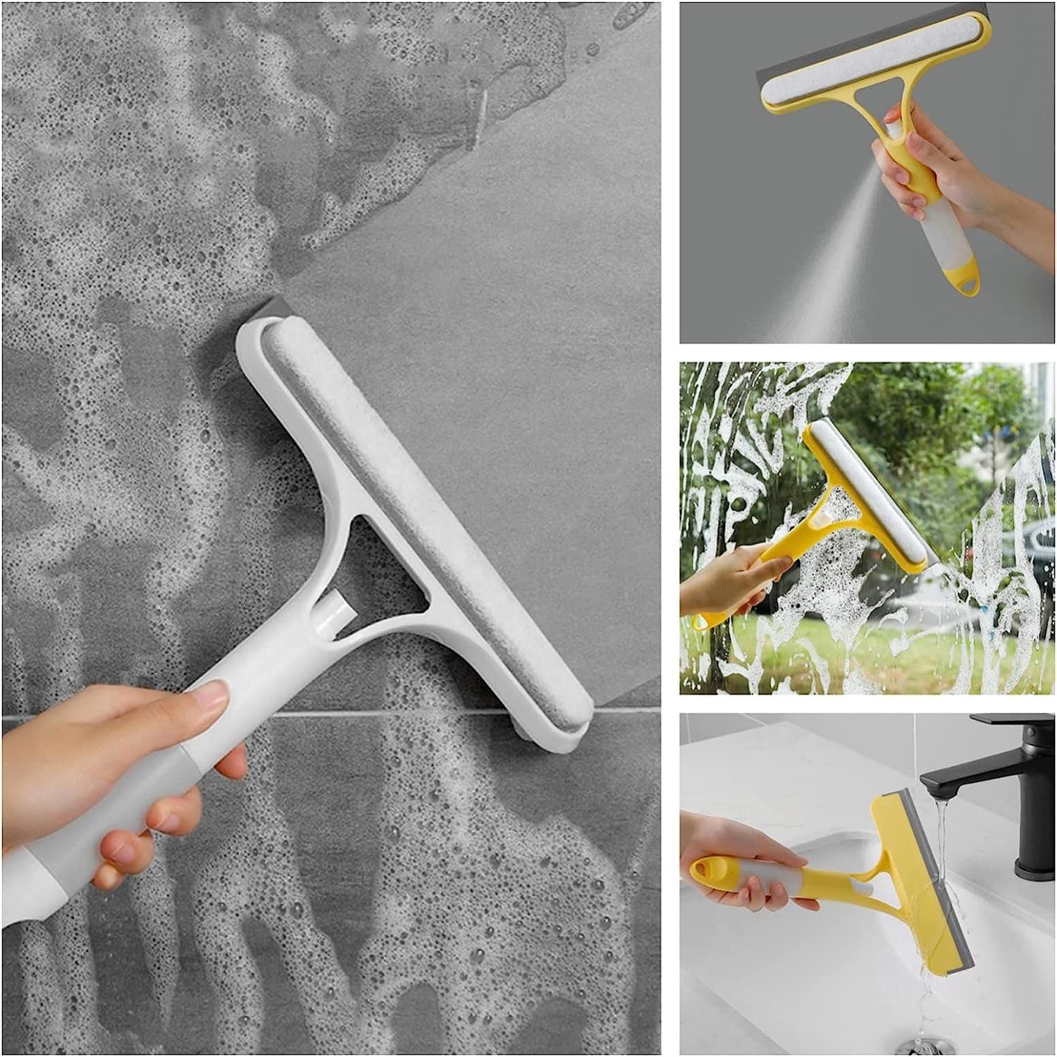 3 in 1 Window Cleaning Tool for Car Indoor Outdoor High Windows, Multi-Purpose Silicon Squeegee Window Cleaner with Water Spray, Shower Squeegee for Glass Doors (Blue)