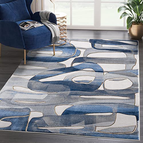 Abani Unique Blue & Grey Modern Circles Design Area Rug - Contemporary Asymmetric Print Non-Shed 6β x 9β Living Room Rug Rugs