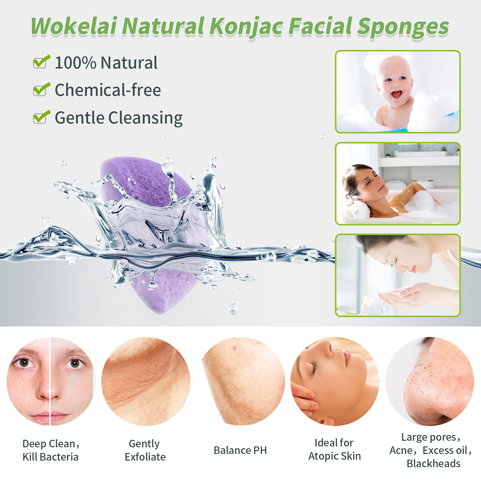 Konjac Facial Sponges for Cleansing Exfoliating - Konjac Face Sponge for Washing Face Body, Organic Natural Cleaning Puff Buff Scrubber for Shower Bath SPA for Babys Men Women