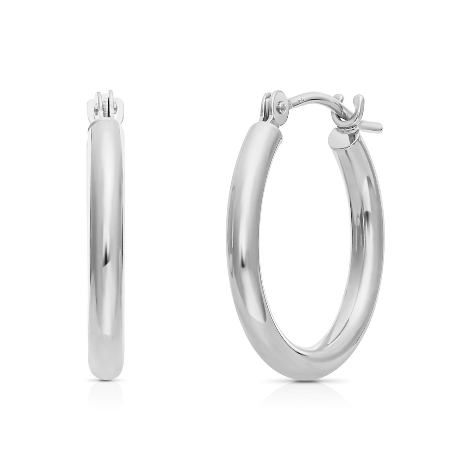 14k White Gold Polished Real Gold Hoop Earrings, Plain Round Gold Hoops, 14 Karat Real Gold 13mm (0.5 inch)