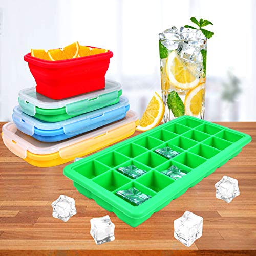 Collapsible Silicone Storage Set of 4 Plus Bonus Ice Tray - BPA Free, Microwave, Dishwasher And Freezer Safe