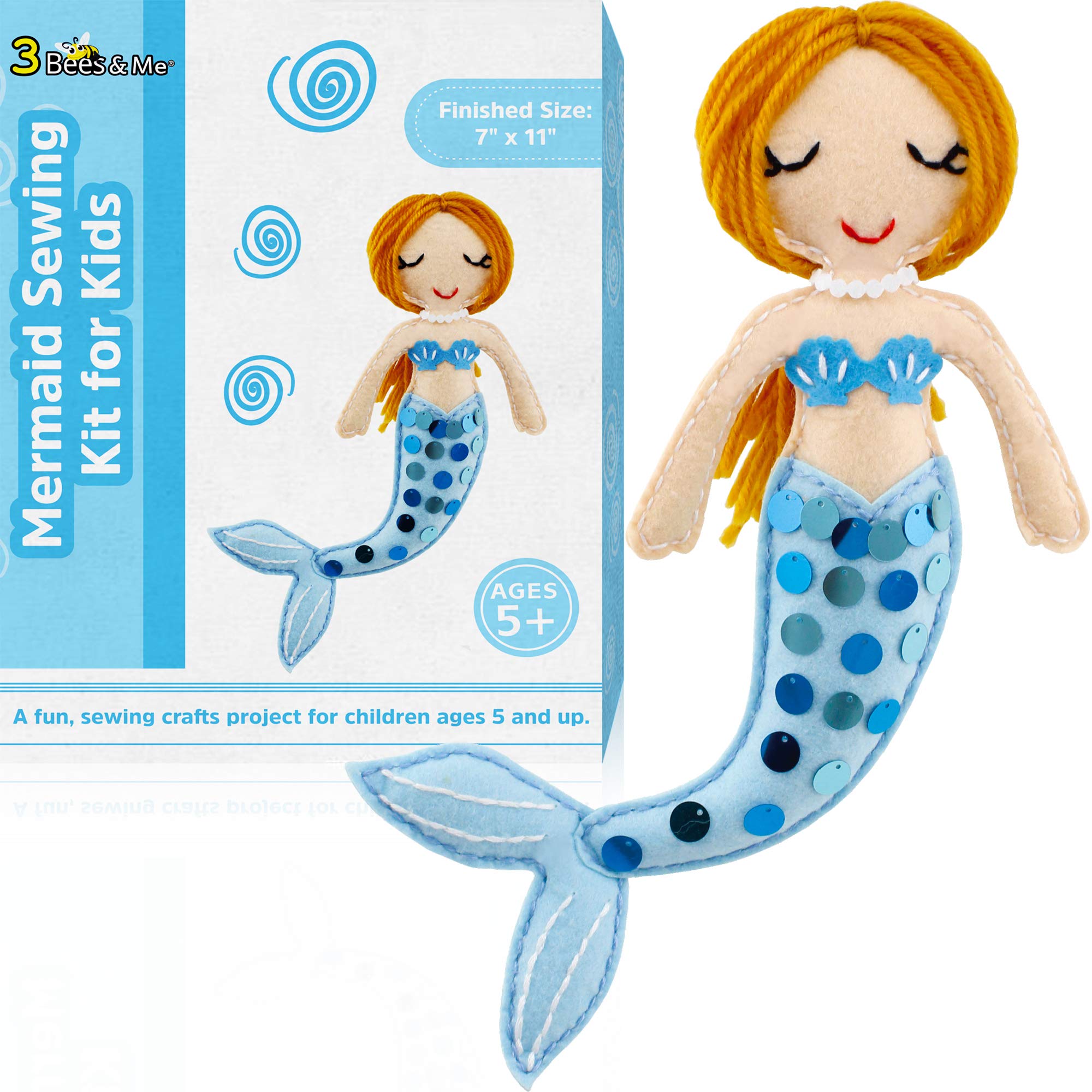 3 Bees & Me Mermaid Sewing Kit for Kids – Fun Mermaid Crafts for Girls and Boys – Complete DIY Doll Making Gift for Ages 7 to 15