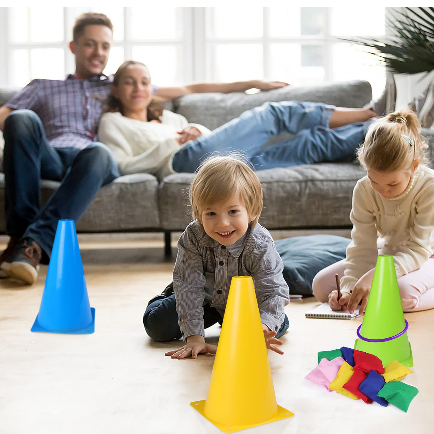 3 in 1 Carnival Outdoor Games Combo Set, Cornhole Bean Bags Ring Toss Game for Kids Adults Birthday Party Backyard Games Obstacle Course Supplies Plastic Cone Set 26 Piece