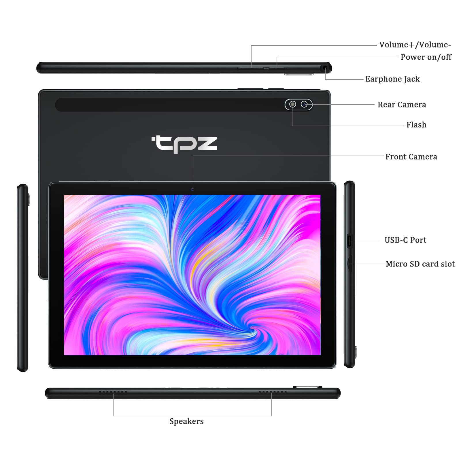 TPZ Tablet 10 Inch Android Tablet, 2023 Latest Quad-Core 32GB Storage Tablet Computer, 6000mAh Battery, Dual 8MP+2MP Camera, WiFi, Bluetooth, GPS, 128GB Expand Support, HD Large Touchscreen-Black