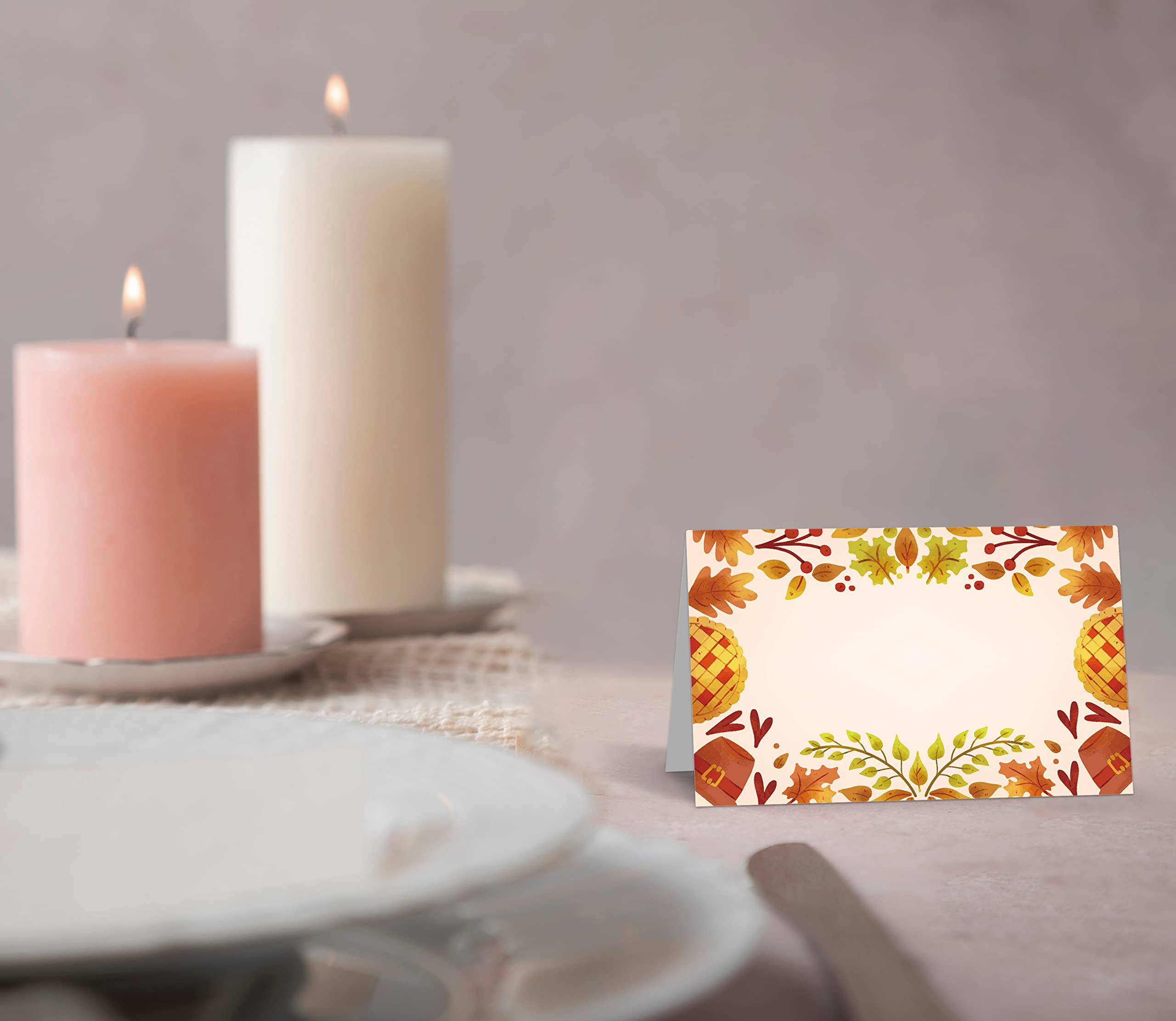Fall Thanksgiving Table Place Cards, Orange Pumpkin Blank Seating Place Card for Table, 25 Pack Buffet Food Tent Labels, Double Design Name Cards, Thanksgiving Day Party Decorations(03)