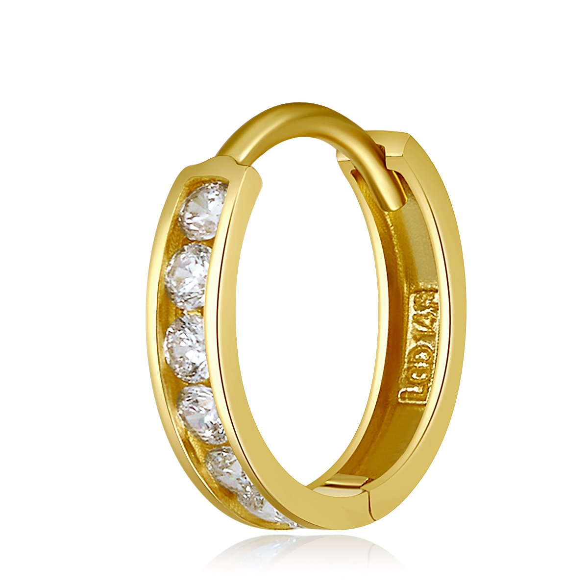 14k REAL Yellow Gold 2mm Thickness CZ Channel Set Hoop Huggie Earrings (12 x 12 mm)