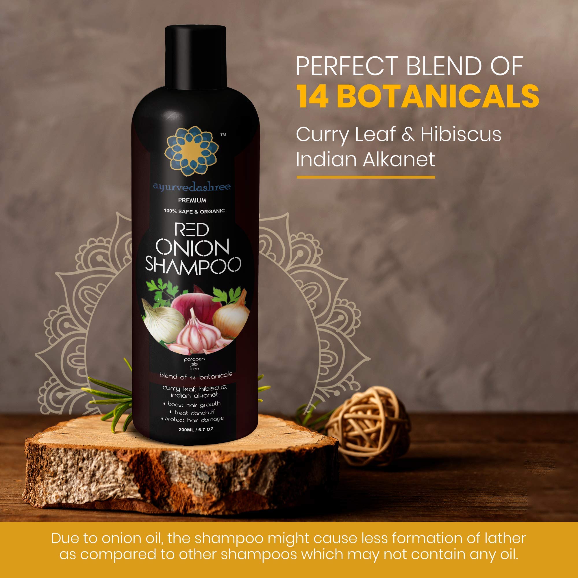 AYURVEDASHREE Red Onion Hair Growth & Hair Fall Control Shampoo – With Curry Leaf, Hibiscus, Indian Alanket, Blend of 14 Botanicals 200ML - SLS and Paraben Free - 100% Safe & Premium- All Hair Type