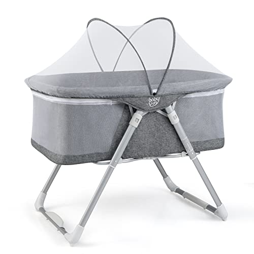 BABY JOY Bassinet, 2 in 1 Rocking Bassinet for Baby w/Detachable Curtain Cloth, Mattress, Breathable Mesh, Adjustable Height, Quick Folding Crib w/Travel Bag for Newborn Infants, Portable Bassinet