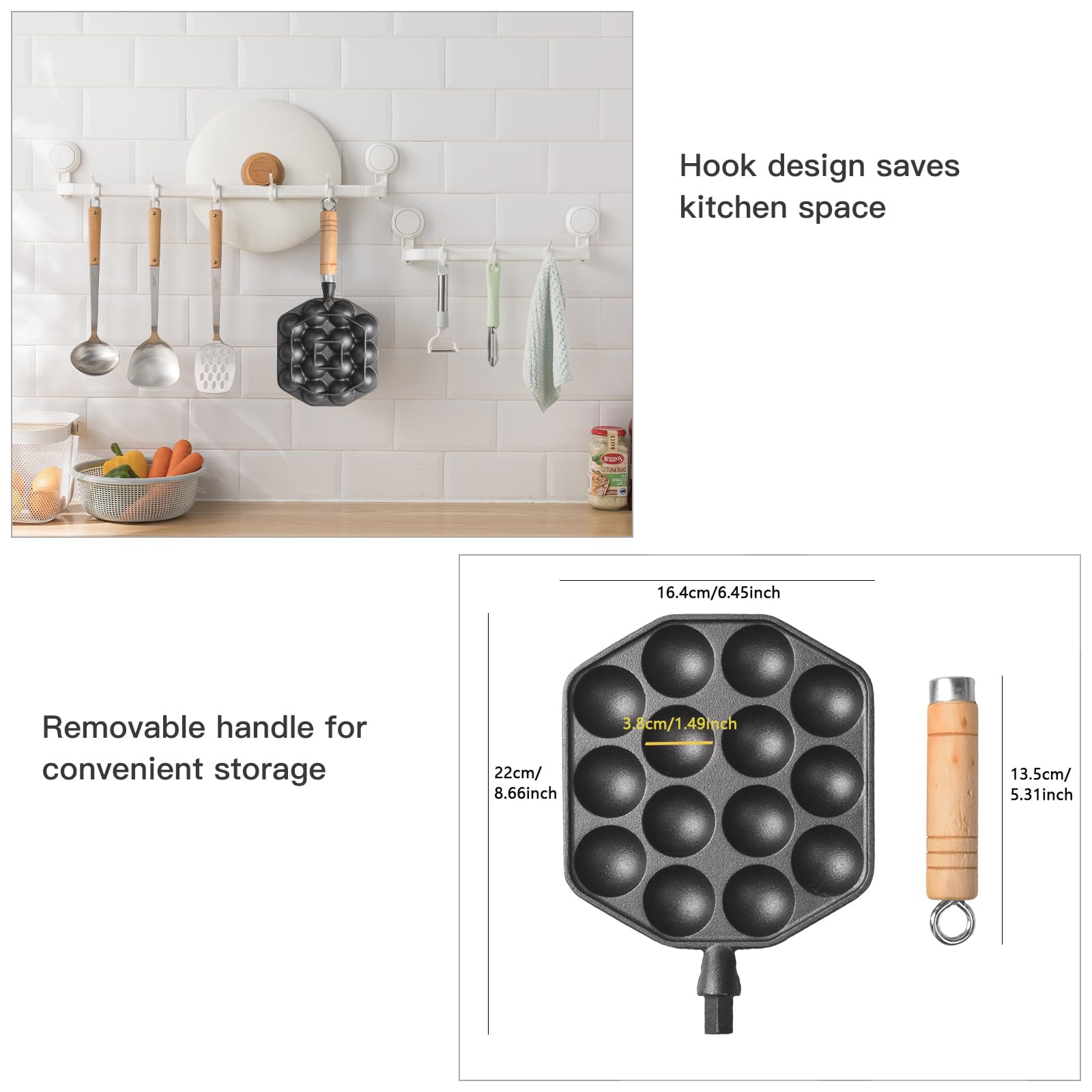 14 Hole Takoyaki Makers, Takoyaki Pan, Nonstick Cast Iron Octopus Meat Balls Mold Maker with Detachable Handle for Home Pancake Baking