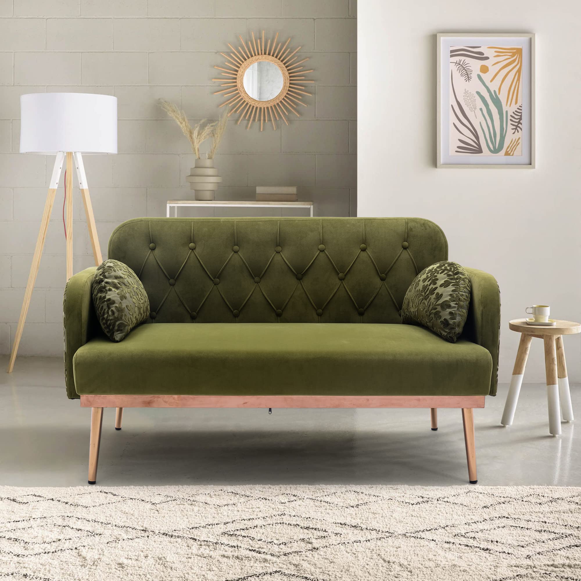 HomSof Velvet Sofa Chair, Small Couch for Bedroom, Red Loveseat Sofa with Metal feet, 2 Pillows Included