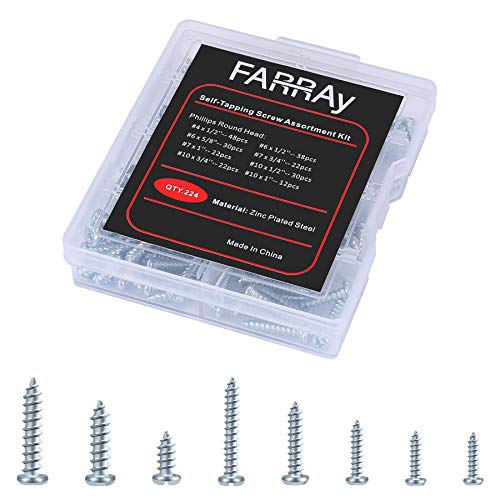 FARRAY Wood Screws, 224pcs Wood Screws Assortment Kit, Galvanized Carbon Steel Phillips Screw Set, Round Head Screws, Assorted Screws, Assorted Wood Screws, Screw Set Assortment, Self Tapping Screws
