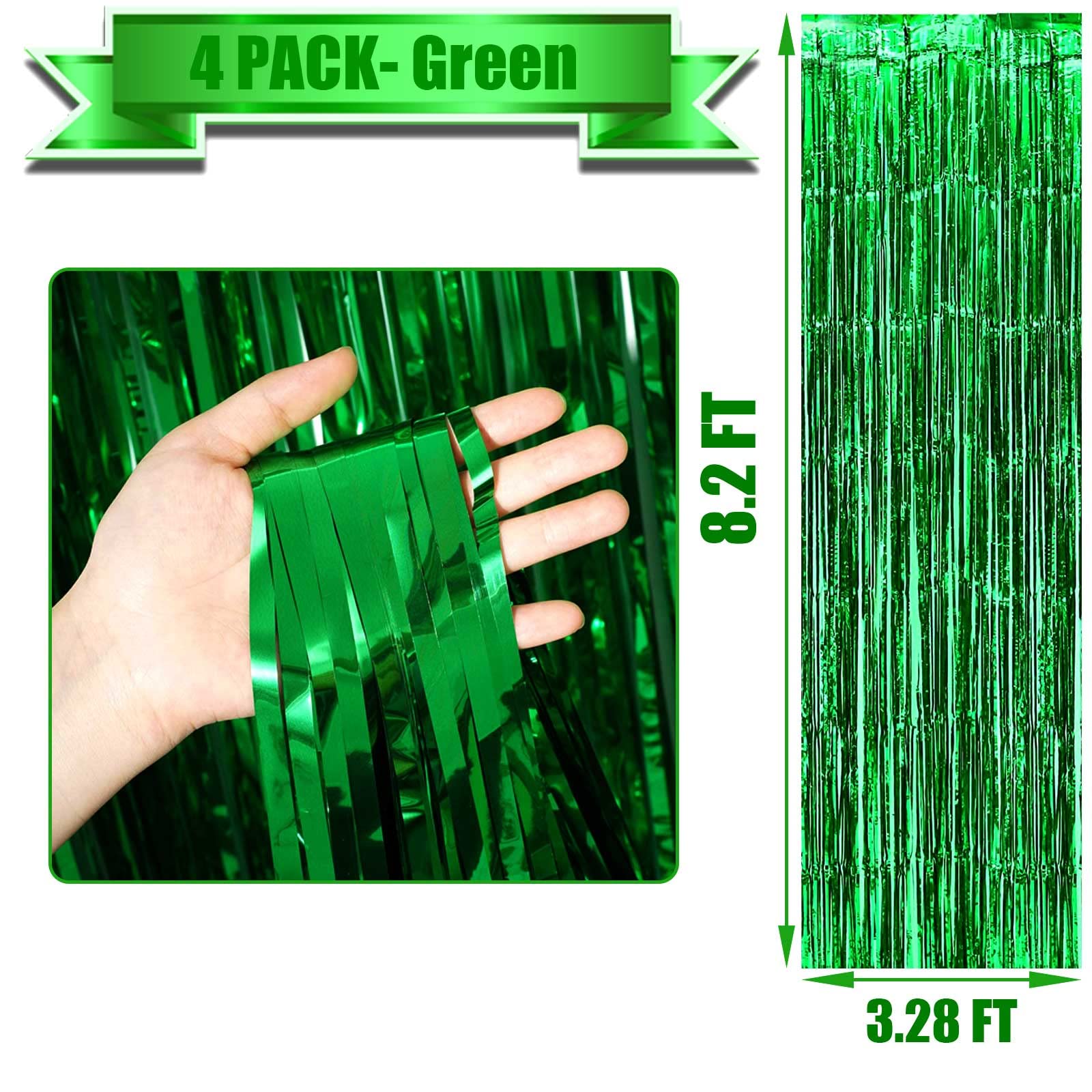 4 Pack Green Foil Fringe Curtain Backdrop, 3.28Ft x 8.2Ft Metallic Tinsel Foil Fringe Streamer Curtains for Photo Booth Props Decor Party Supplies