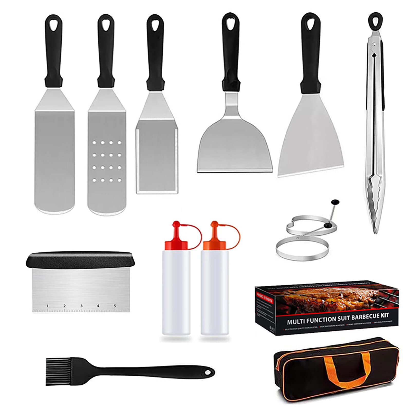 13Pcs Grill Tool Set BBQ Grilling Tool Kit Griddle Accessories Tools Stainless Steel Flat Top Grill Accessories Set with Spatulas Tongs Scraper Egg Rings with Portable Bag