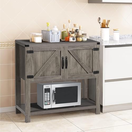 4ever2buy Farmhouse Coffee Bar Cabinet with Barn Doors, Grey Coffee Bar Stand with Storage, 36 inch Coffee and Tea Bar with Bottom Shelf for Living Dining Room