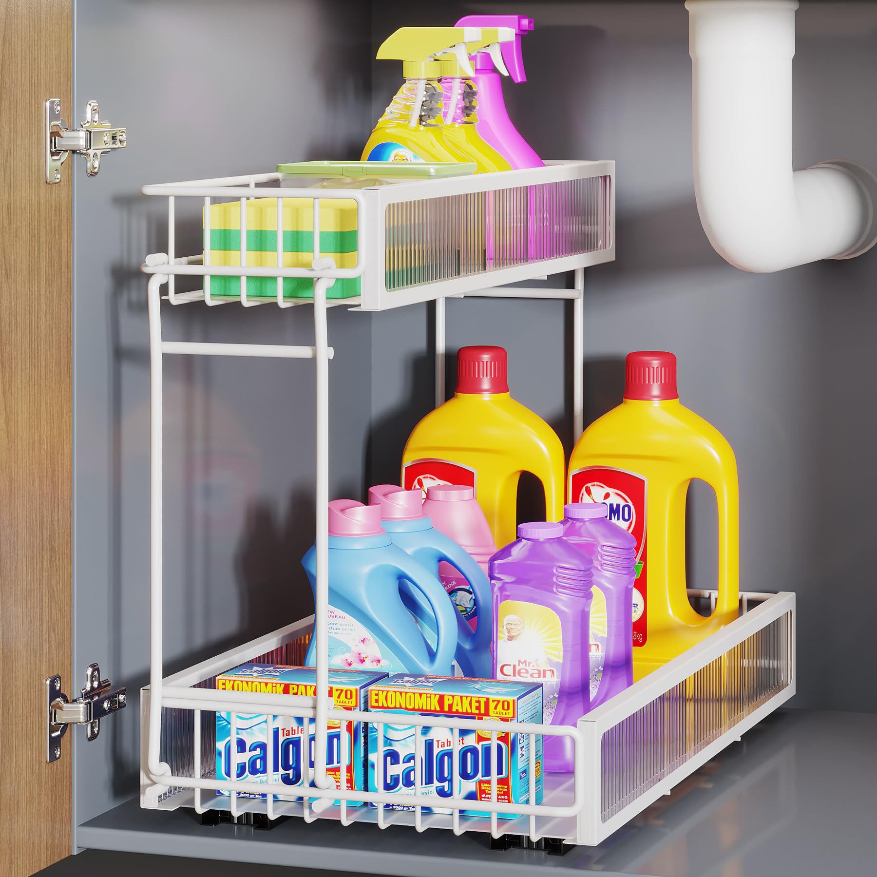 1Eayslife White Under Sink Organizer, 2 Tiers Pull Out Cabinet Organizer, Acrylic Slide Out Cabinet Storage Shelf with Wire Drawer and PP Cover