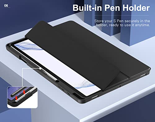 MoKo Case Fits Samsung Galaxy Tab S8 Plus 12.4 Inch 2022 (SM-X800/SM-X806) /S7 FE 2021/S7 Plus 2020, Shockproof Full Body Trifold Stand TPU Back Cover Case with Pen Holder Slot/Auto-Wake, Black