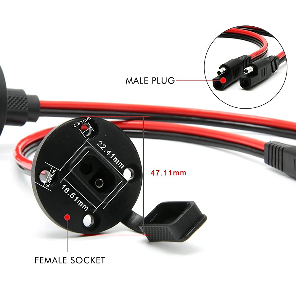 2 Pack SAE Power Socket Sidewall Port, Weatherproof SAE Quick Connector Harness, SAE Adapter Male Plug to Female Socket Cable 12AWG SAE Cable with 8 Screws for Solar Generator Battery Charger