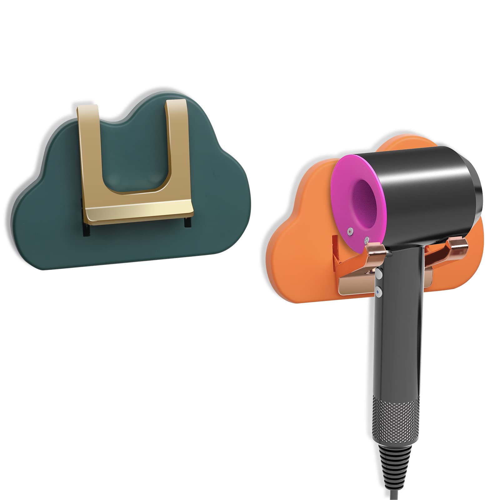 2 Pack Universal Hair Dryer Holder Wall Mounted, Blow Dryer Hanger Wall Mount for Hair Dryer Hook with Plug&Cord Organizer Self Adhesive for Cabinet Bathroom(Orange and Green)