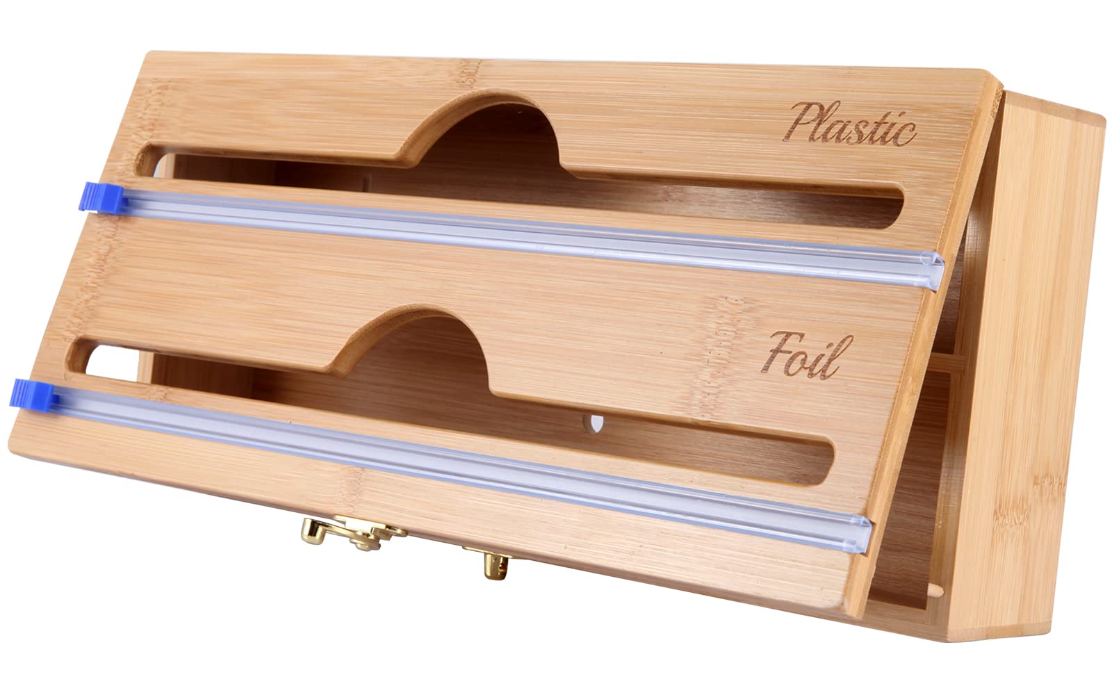 2 in 1 Food Wrap Organizer with Cutter, Bamboo Wrap Dispenser for Aluminum Foil, Wax Paper, Plastic Wrap, Wall Mounted or Kitchen Drawer Organization and Storage Holder,Max for 12" Roll
