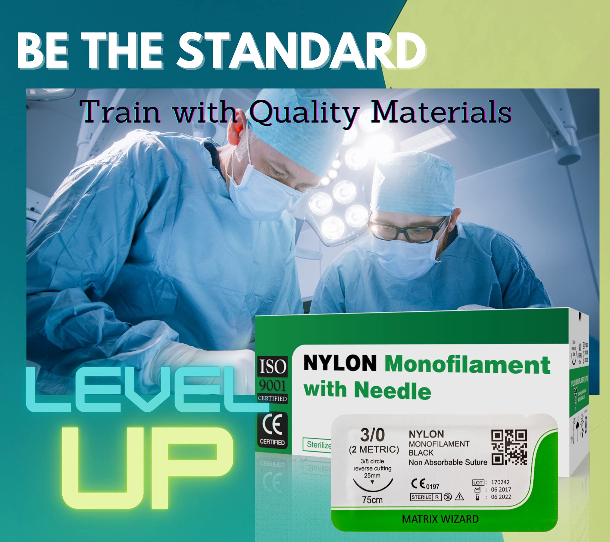 3-0 Sterile Sutures Thread with Needle (Black Monofilament) - Medical and Nursing Student's Surgical Practice Suture Kit, Training with Stitching Pad, First Aid Field Emergency Demo, Vet Use