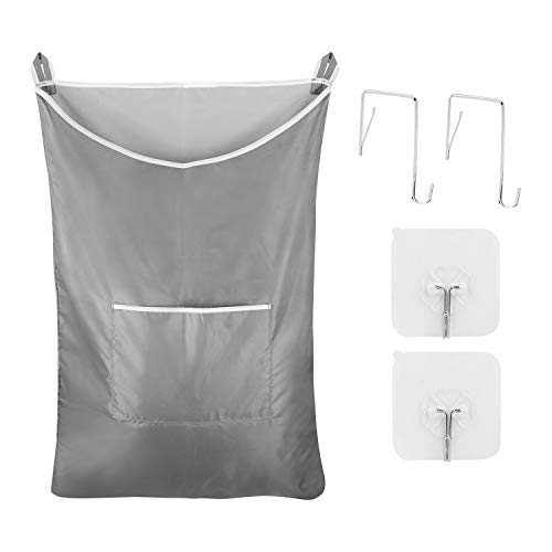 Comeve Open Top Door Hanging Laundry Hamper Bag, Space Saving Wall Hanging Laundry Bag with 2 Door Hooks, Large Laundry Basket for Closet, Travel, Storage (Grey)