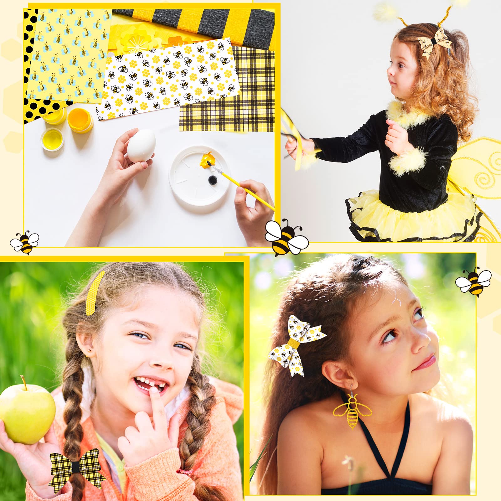 14 Pcs Faux Leather Sheets Summer Fruit Lemon Bee Printed Synthetic Leather Sheet Glitter Faux Leather Fabric Sheet for Earrings Headbands Making, 8.3 x 6.3 Inch(Bee)
