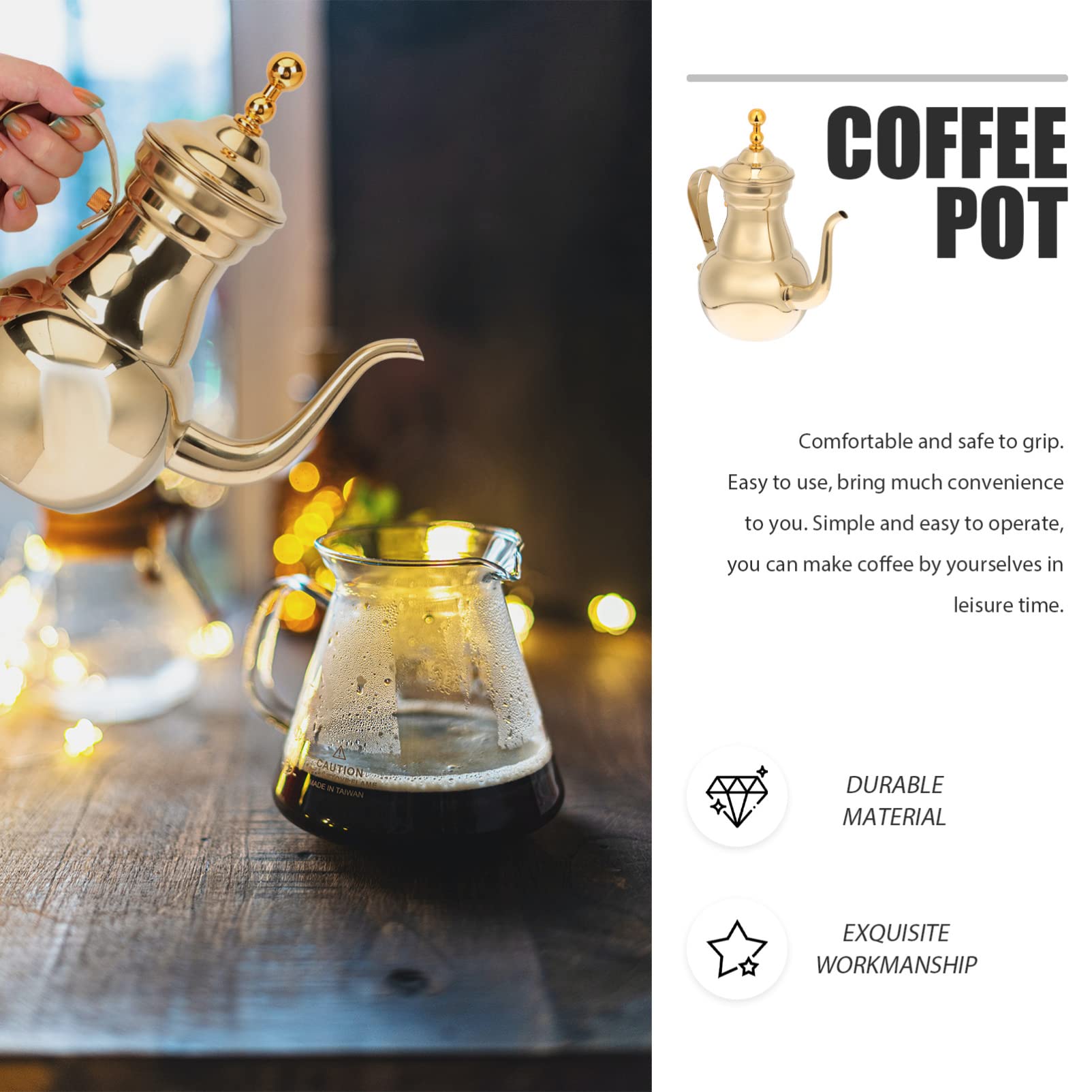 CALLARON Tea Kettle Tea Gooseneck Turkish Greek Arabic Coffee Pot: Middle East Arab Stovetop Coffee Maker Wine Decanter 1.1L Brewer Pot with Handle for Home Kitchen Golden Tea Pot Kettle