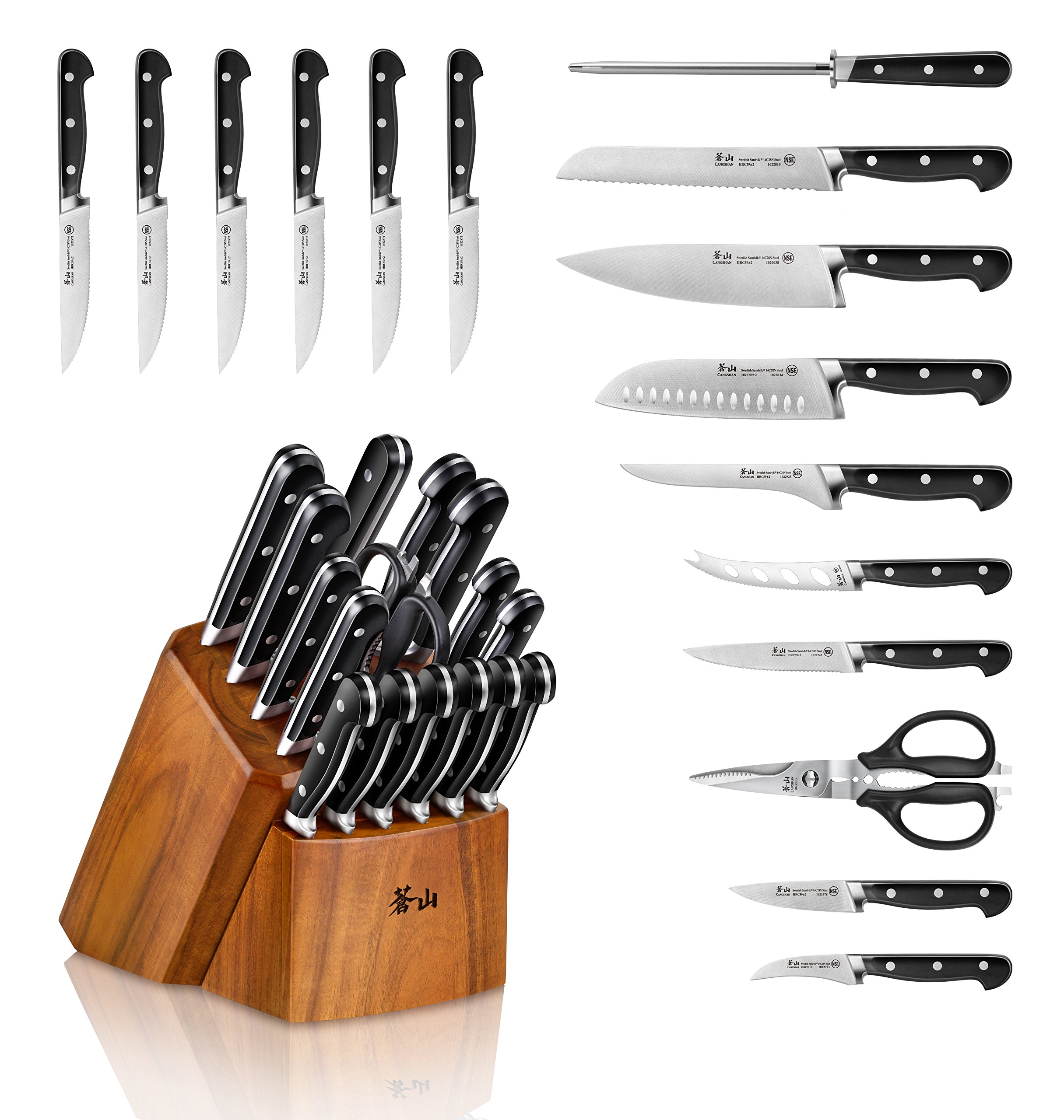 Cangshan TV2 Series 1023053 Swedish 14C28N Steel Forged 17-Piece Knife Block Set, Acacia