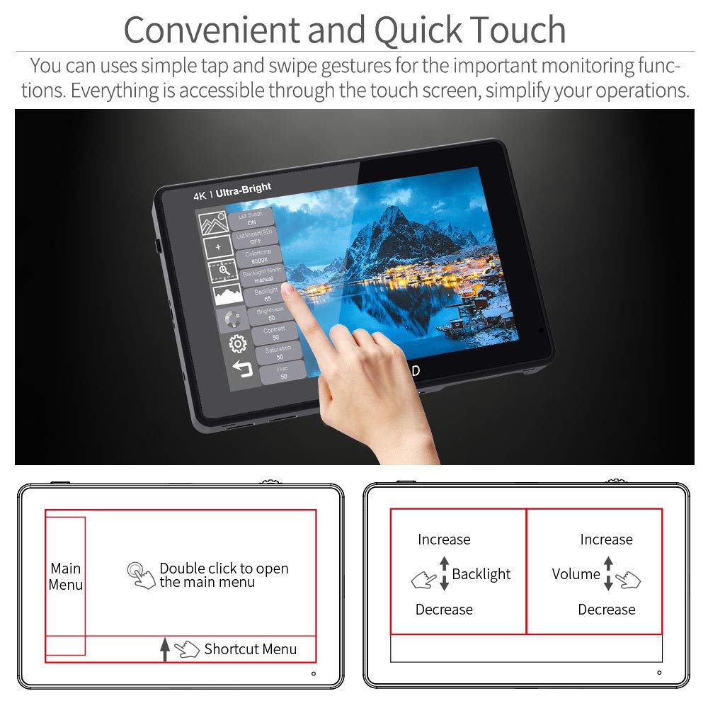 FEELWORLD LUT7 PRO 7 Inch Ultra Bright 2200nits DSLR Camera Field Monitor 3D LUT Touchscreen HDR Waveform F970 External Power and Install Kit 4K HDMI