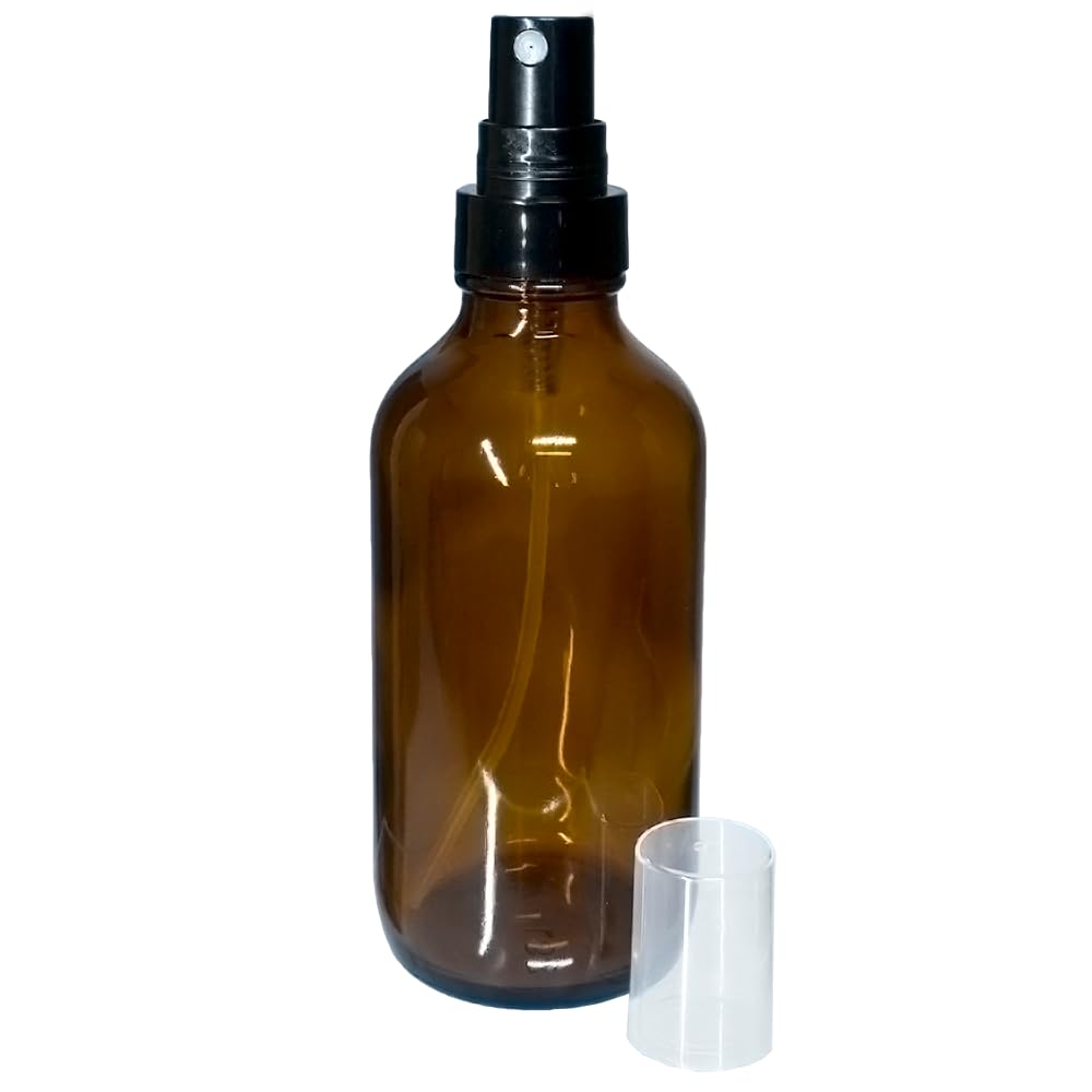 GlassBottleOutlet (Pack of 24) 4 oz. Amber Boston Round with Black Fine-Mist Sprayer