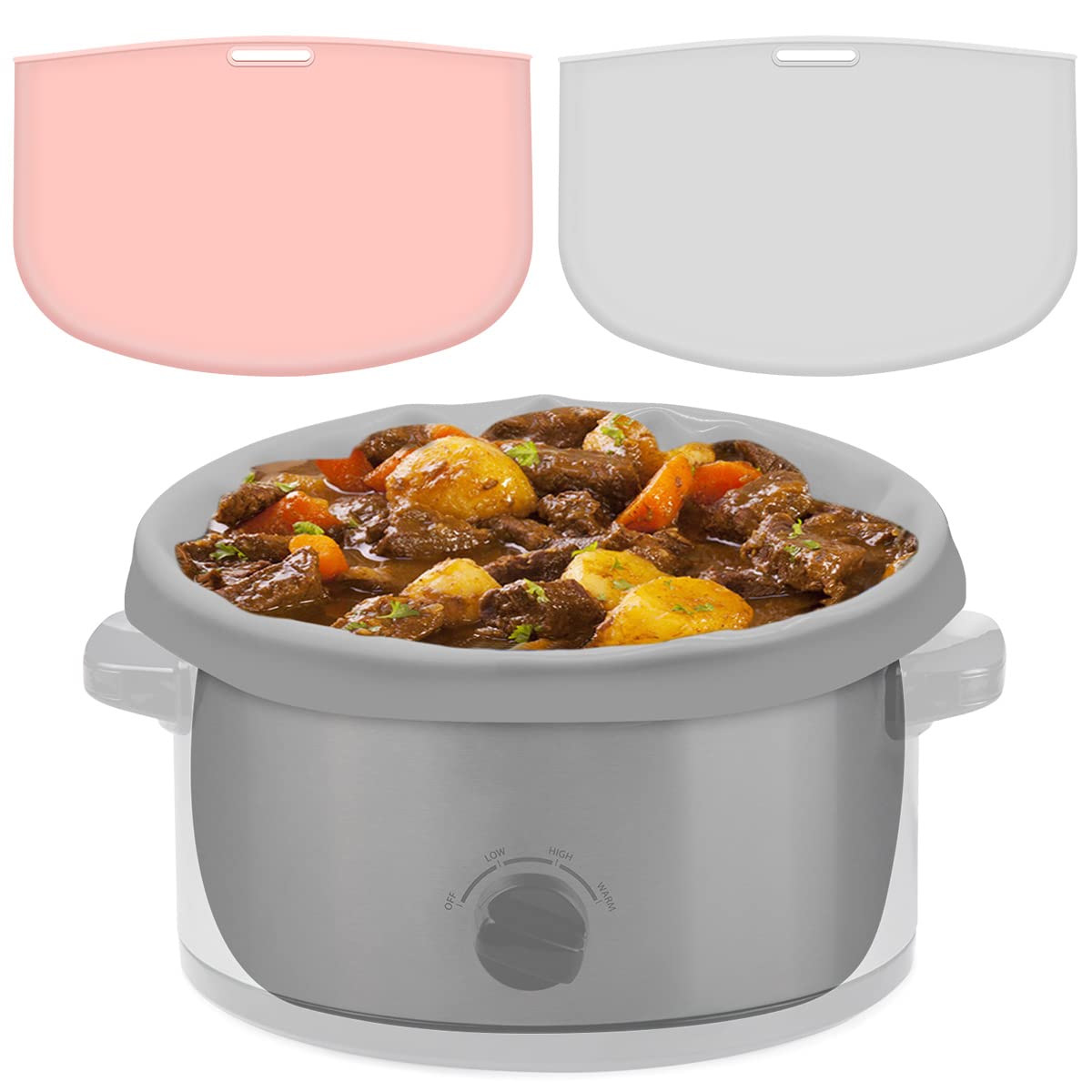 2 Pack Slow Cooker Liners - Reusable Crock pot Divider, Safe Silicone Cooking Bags Fit 7-8 Quarts Oval or Round Pot (Fit 8 QT Grey+Pink)