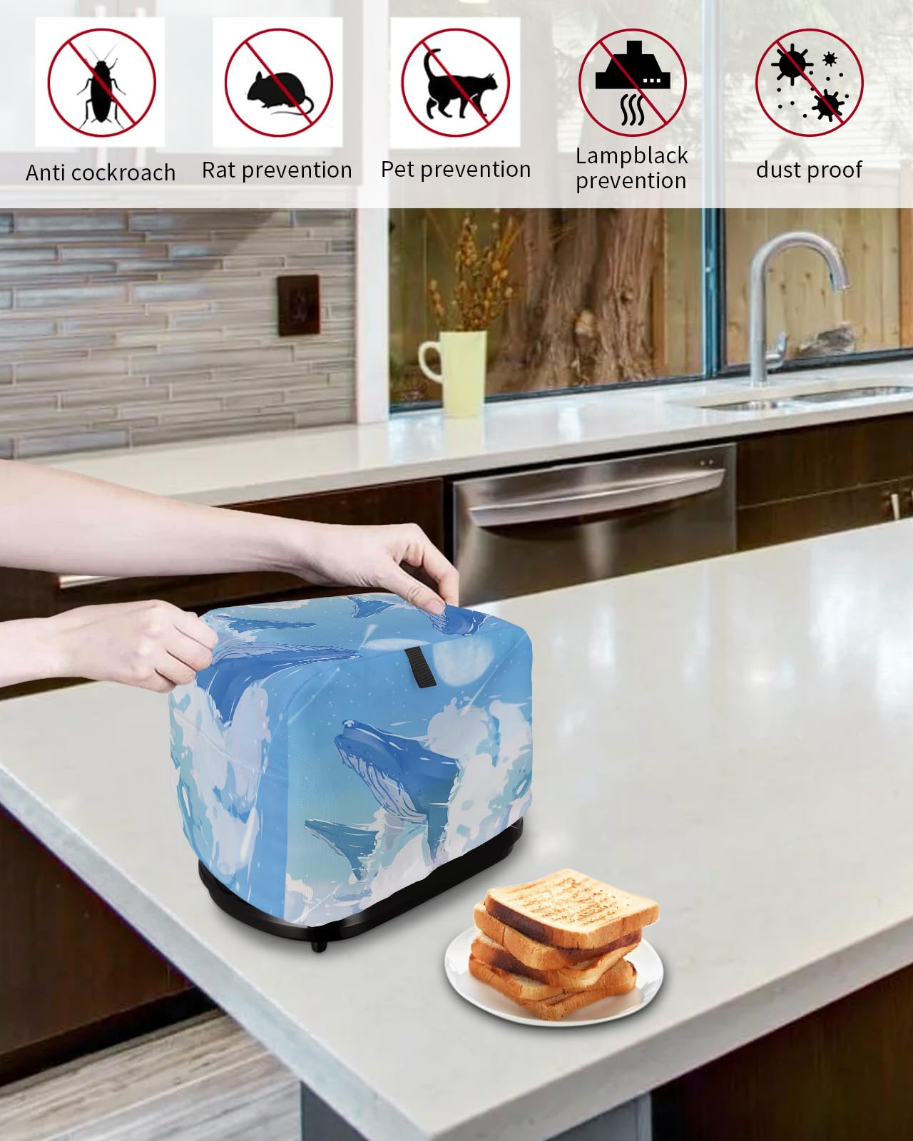 2 Slice Toaster Cover, Bread Machine Cover Summer Blue Sky and Sea Whales with Ocean Waves Kitchen Appliance Dust Cover with Top Handle Fingerprint Protection Lightweight Kitchen Toaster Cover