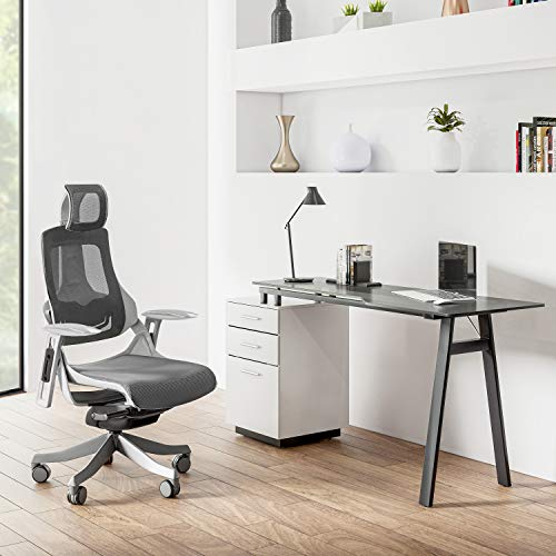 Techni Mobili Modern Smoke Tempered Glass top & Storage Home Office Computer Writing Desk Workstation with Two Cupholders and a Headphone Hook-Pine, 59.5" D x 29.25" W x 29.5" H, White