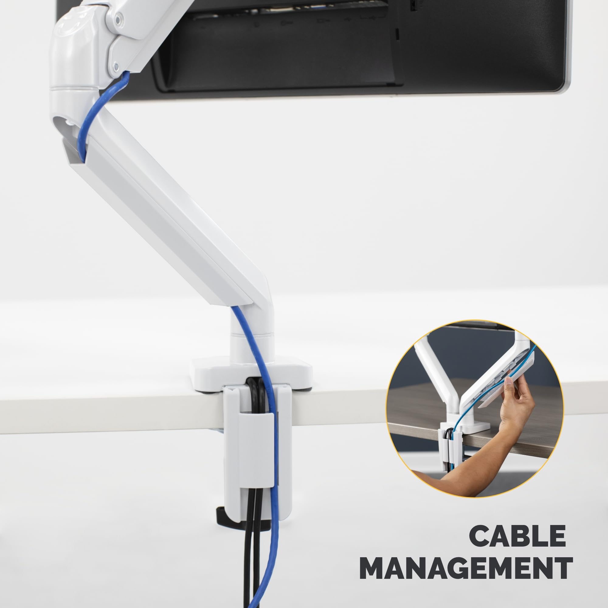 Fellowes Platinum Series Single Monitor Arm for 32-Inch Monitors, Full Motion, 360° Rotation, VESA Mount with Grommet or Clamp, USB Ports, Ergonomic, White, 8056201