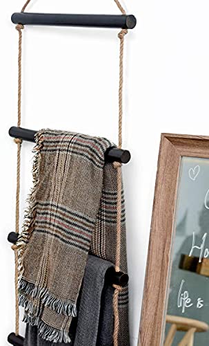Dahey Blanket Ladder Scarf Holder Rack, Bath Towel Rack Bar Storage Ladder Wood Wall Hanging Living Room Scarf Ladder Rustic Home Decor Ladder,Black