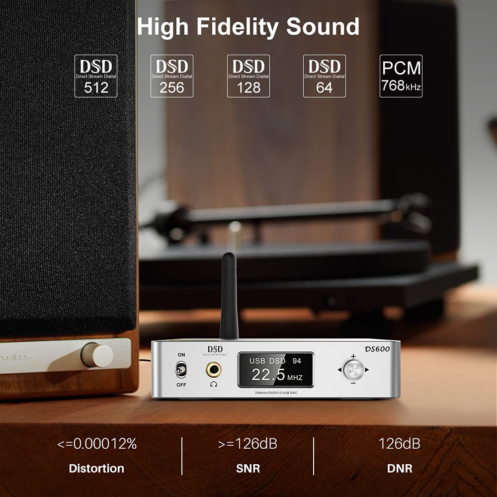 1Mii DS600 USB DAC HiFi, Bluetooth Receiver for Home Stereo LDAC AptX HD, Headphone Amp, Bluetooth Audio Adapter 3.5mm AUX/RCA Output DSD512 Dual ES9038Q2M XMOS for AV Receiver or Amplifier
