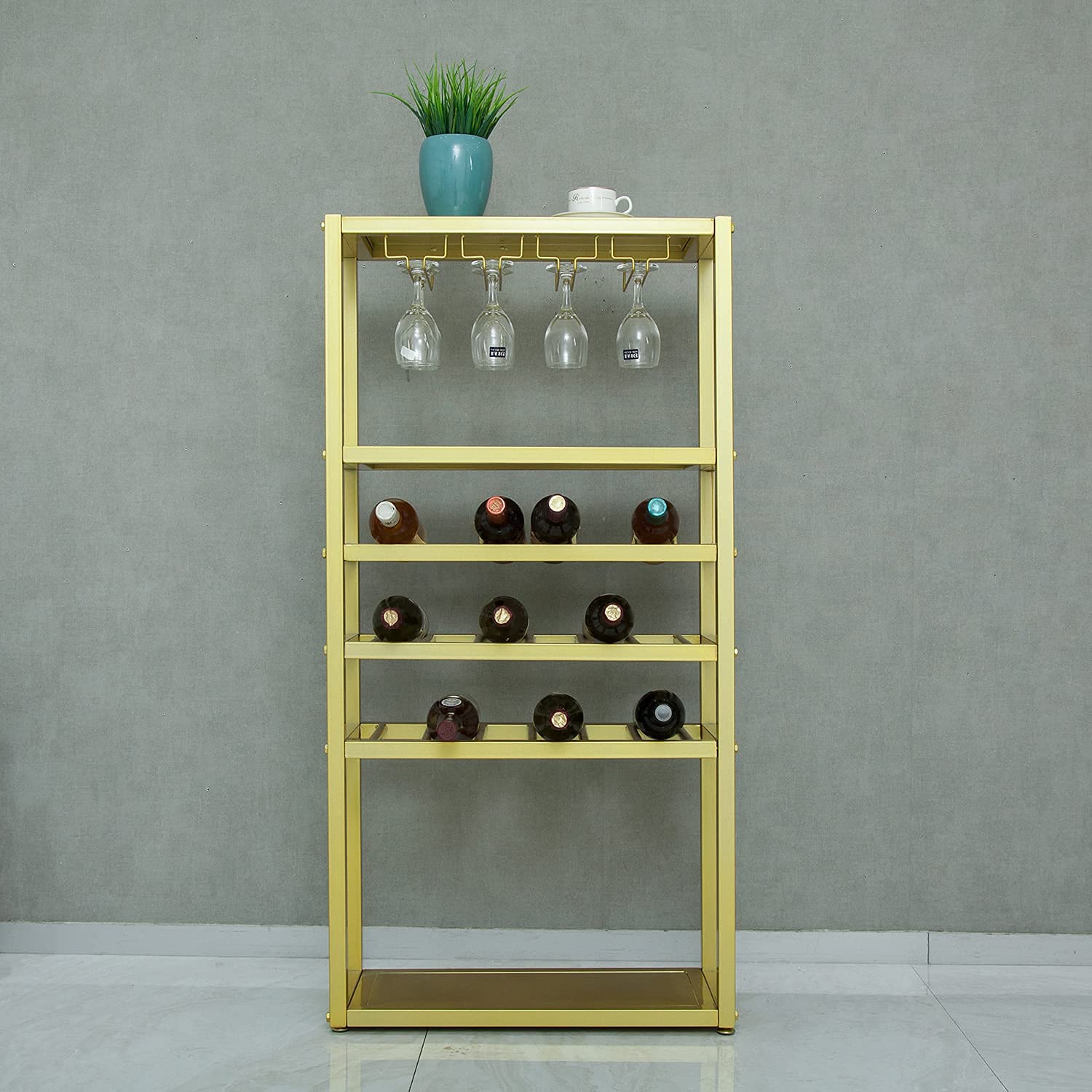 18 Bottles Metal Wine Rack 6-Tier Free Standing Wine Holder with Glass Holder, Heavy Duty Wine Bottle Organizer with Storage Shelf, Display Stand Rack with Wheels, Gold, 23.6''L x 9.8''W x 47.2''H
