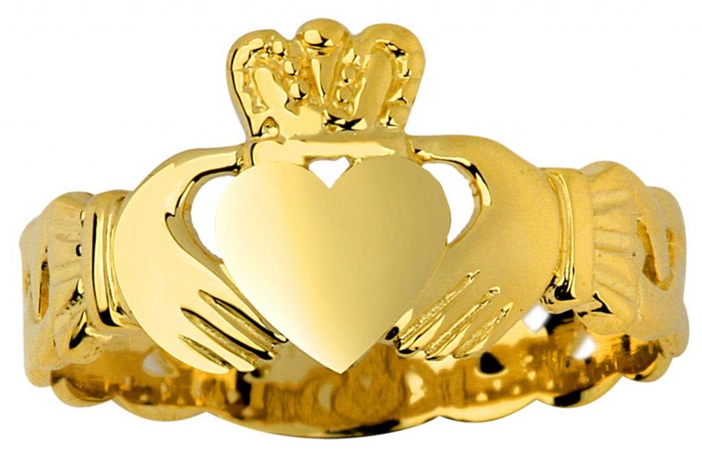 14k Yellow Gold Claddagh Ring with Trinity Band (14K Gold, 7)