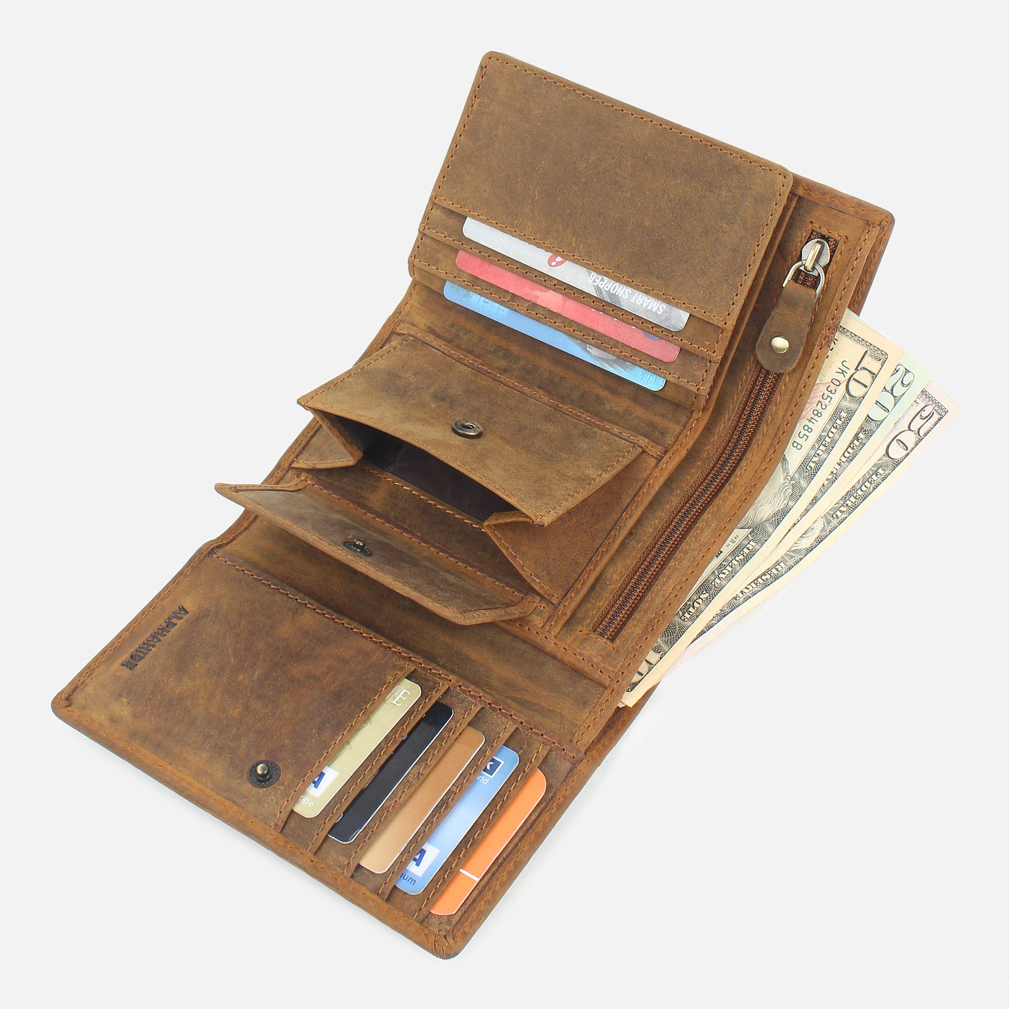 AlphaHide RFID Blocking Ladies Wallet - Credit Card Wallet for Women - Trifold Wallets for Girls - Crazy Horse Genuine Leather - Large Coin Pocket - Two ID Windows - Gift Boxed