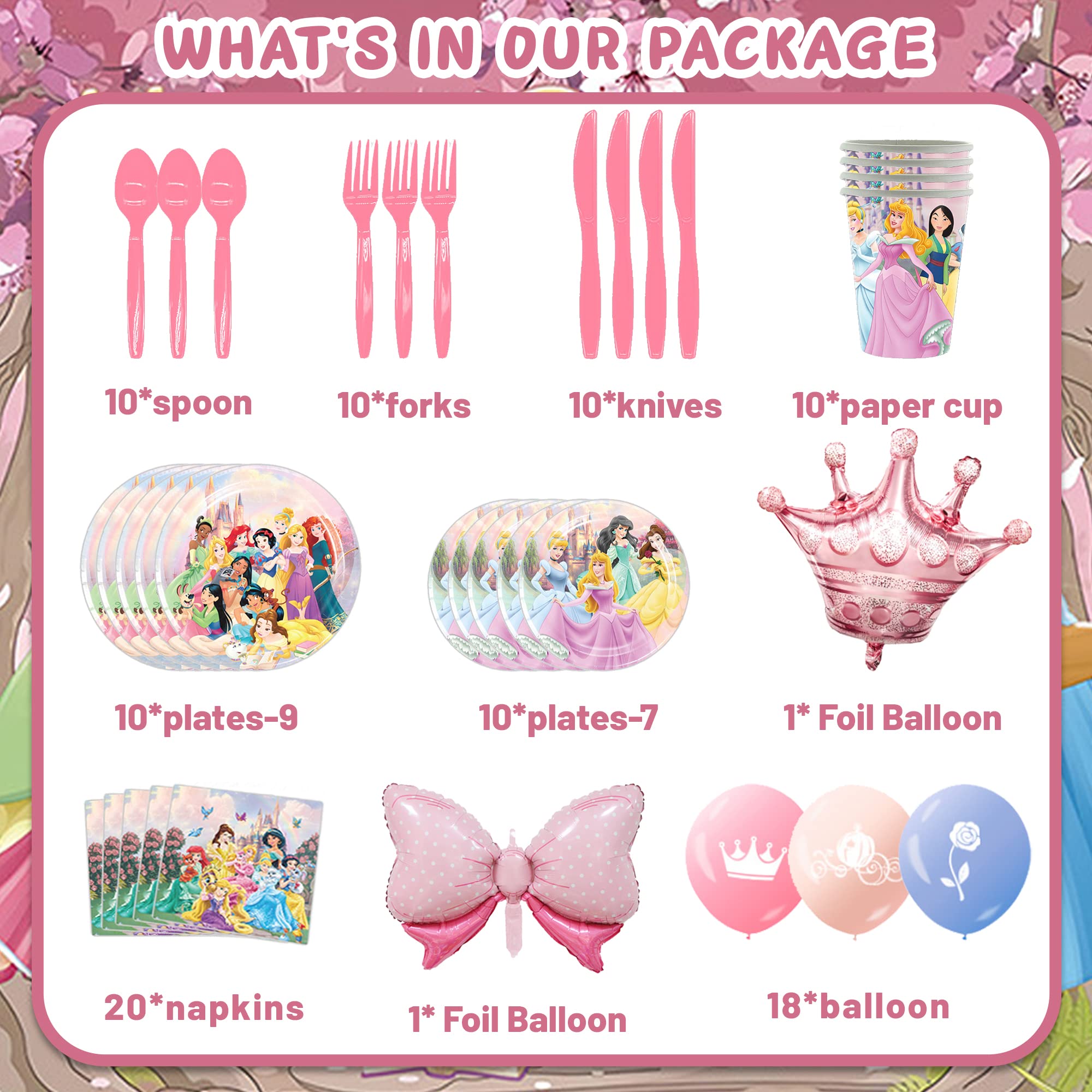 162pcs Princess Birthday Decoration For Girls,With Balloon,Cake Toppers, Pennants ,Invitation letter,Stickers, Plastic Swirls, Tableware,Paper Cup,Tablecloth, Backdrop For Girls Theme Party
