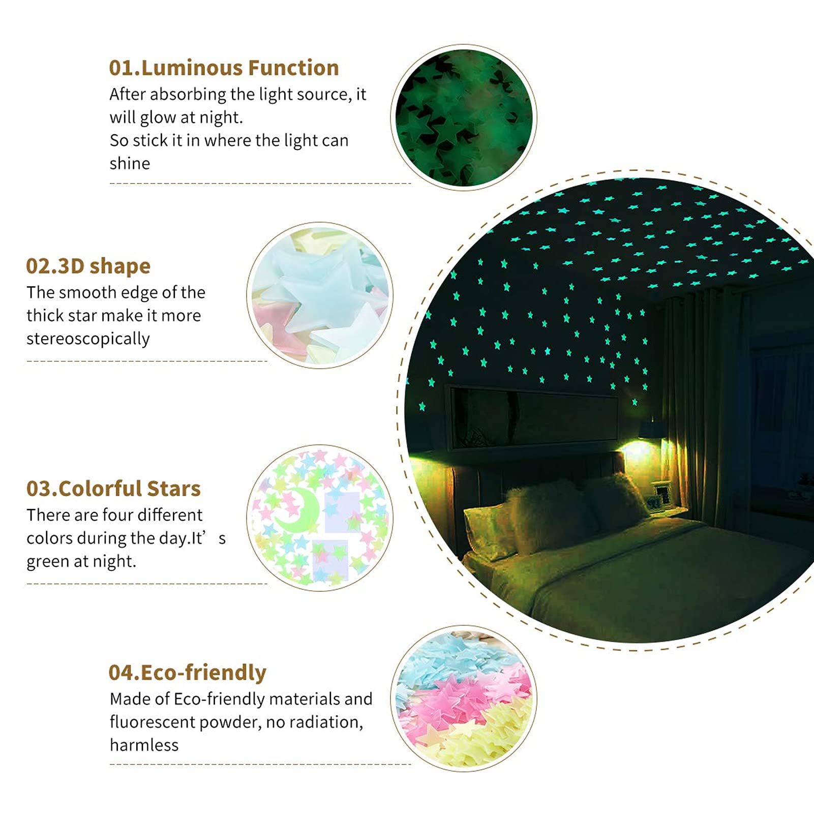 ORIJOYNA 201 Count Glow in The Dark Stars with Bonus Moon - Luminous Decor Ceiling Wall Stickers - for Kids and Toddler Room Decorations Wall Murals