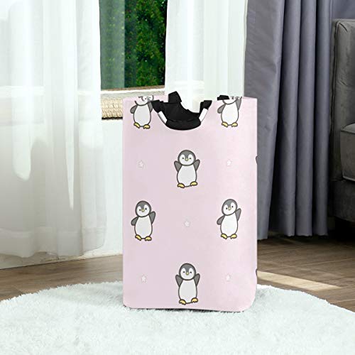 Blueangle Pink Background Penguin Laundry Hamper Large Laundry Basket with Handles Foldable Hamper for Laundry Durable Dirty Clothes Hamper