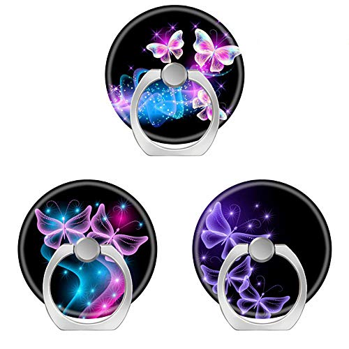 Cell Phone Finger Ring Holder Stand with Car Mount for Smartphone and Tablet,Kickstand 360 Rotation Grip Stand - Galaxy Purple Glitter Pink Butterfly